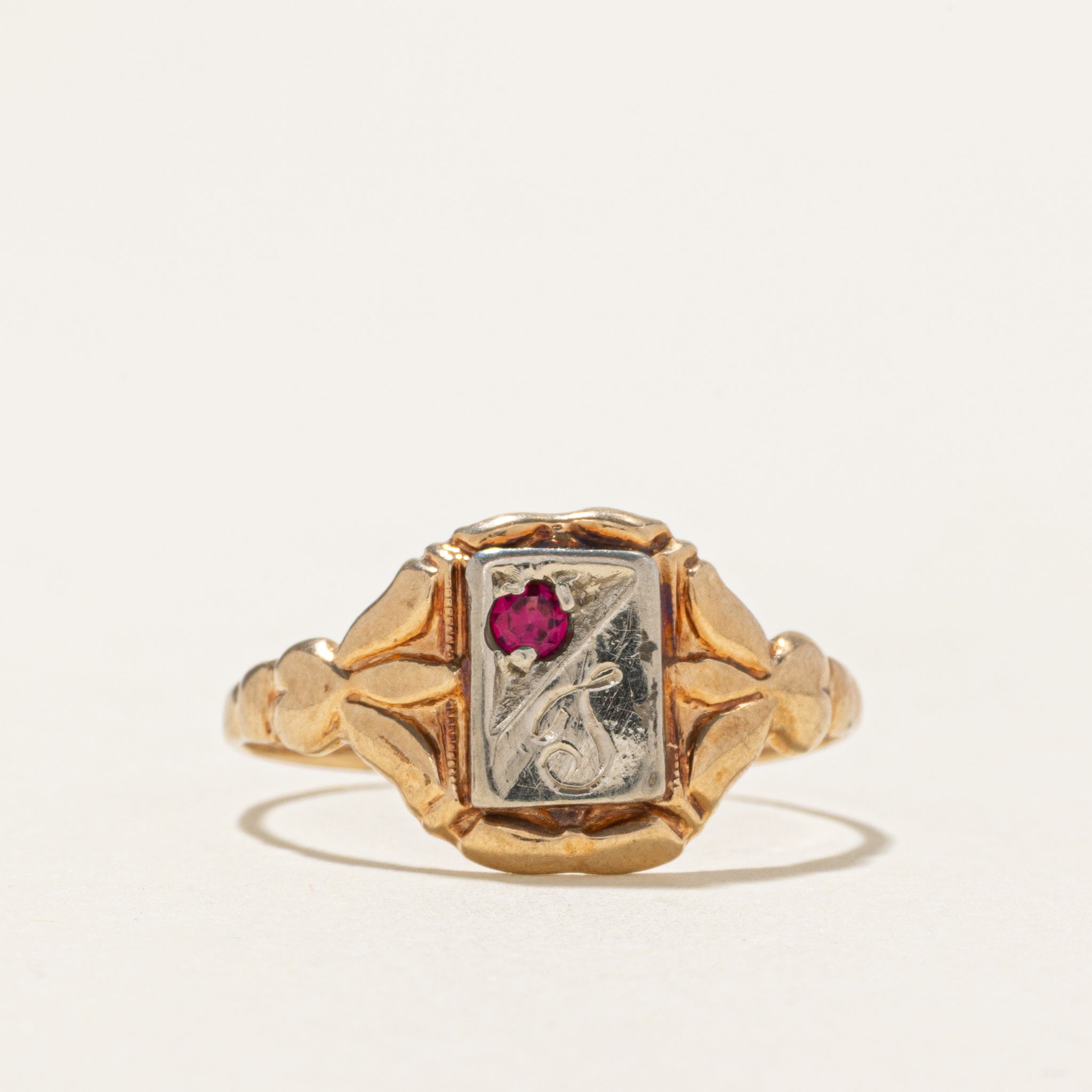Synthetic Ruby 'J' Initial Signet Ring | SZ 6.75