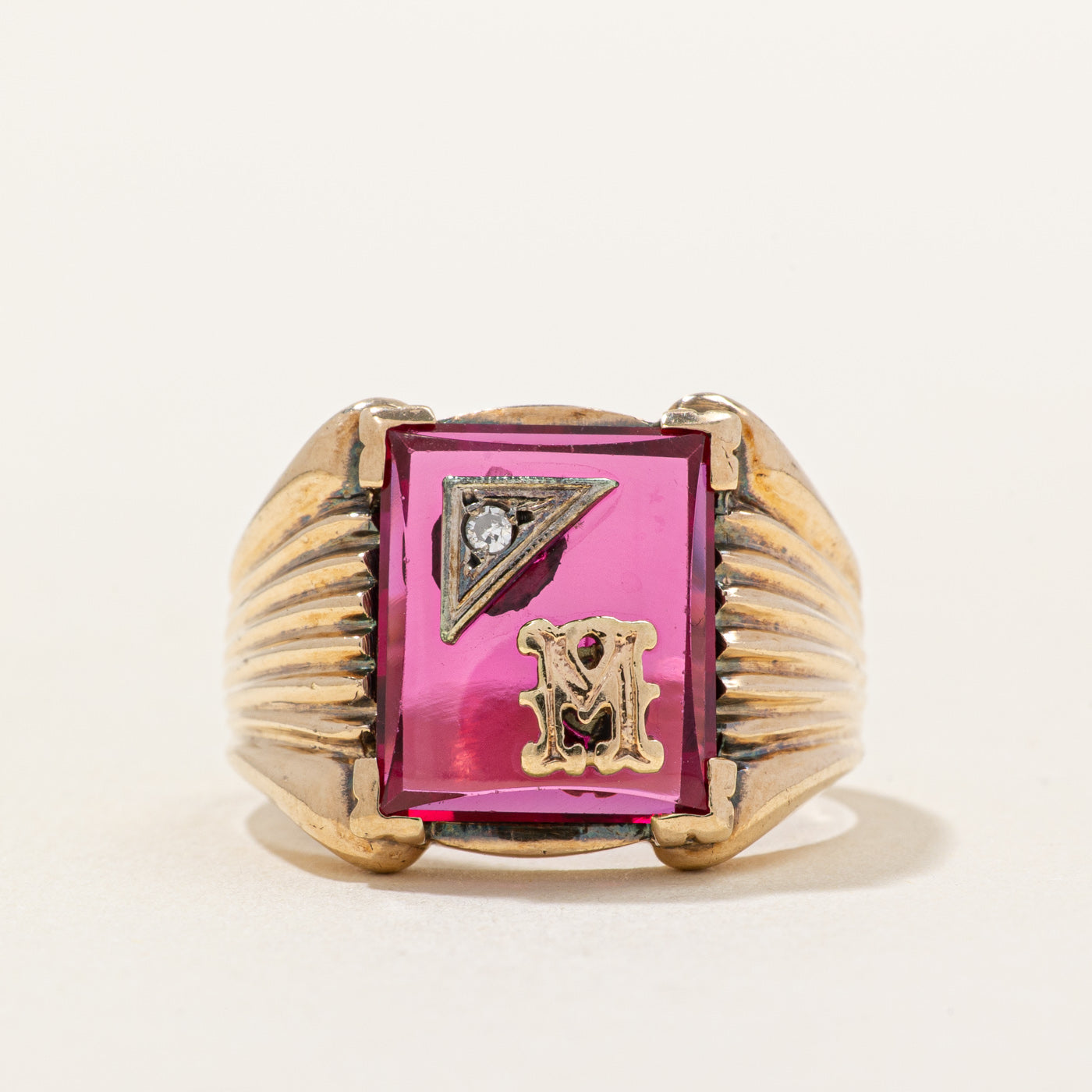 Synthetic Ruby & Natural Diamond 'M' Signet Ring | 3.50ct, 0.01ct | SZ