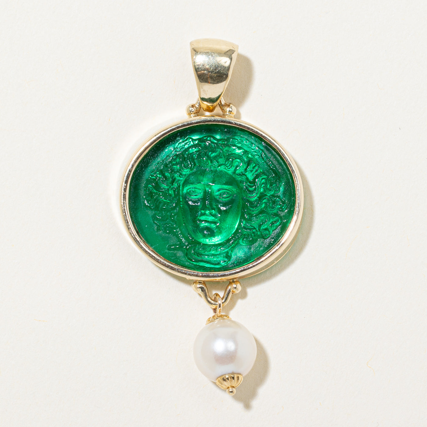 Italian 'Tagliamonte' Venetian Green Glass Cameo & Pearl Pendant | 12.