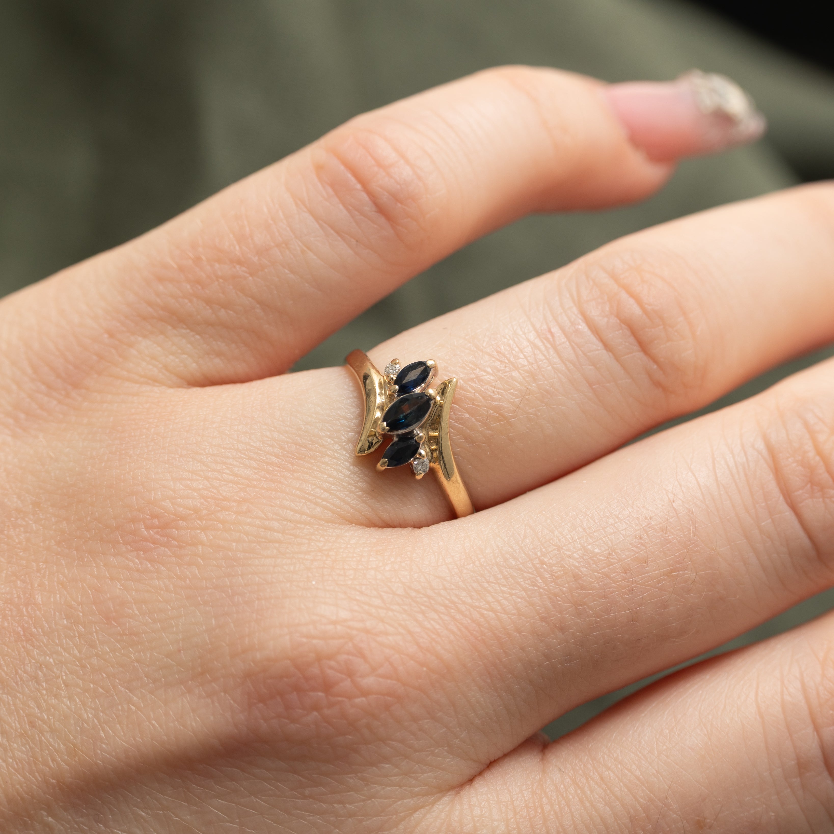 Three Stone Sapphire & Diamond Bypass Ring | 0.2ctw, 0.01ctw | SZ 6.0