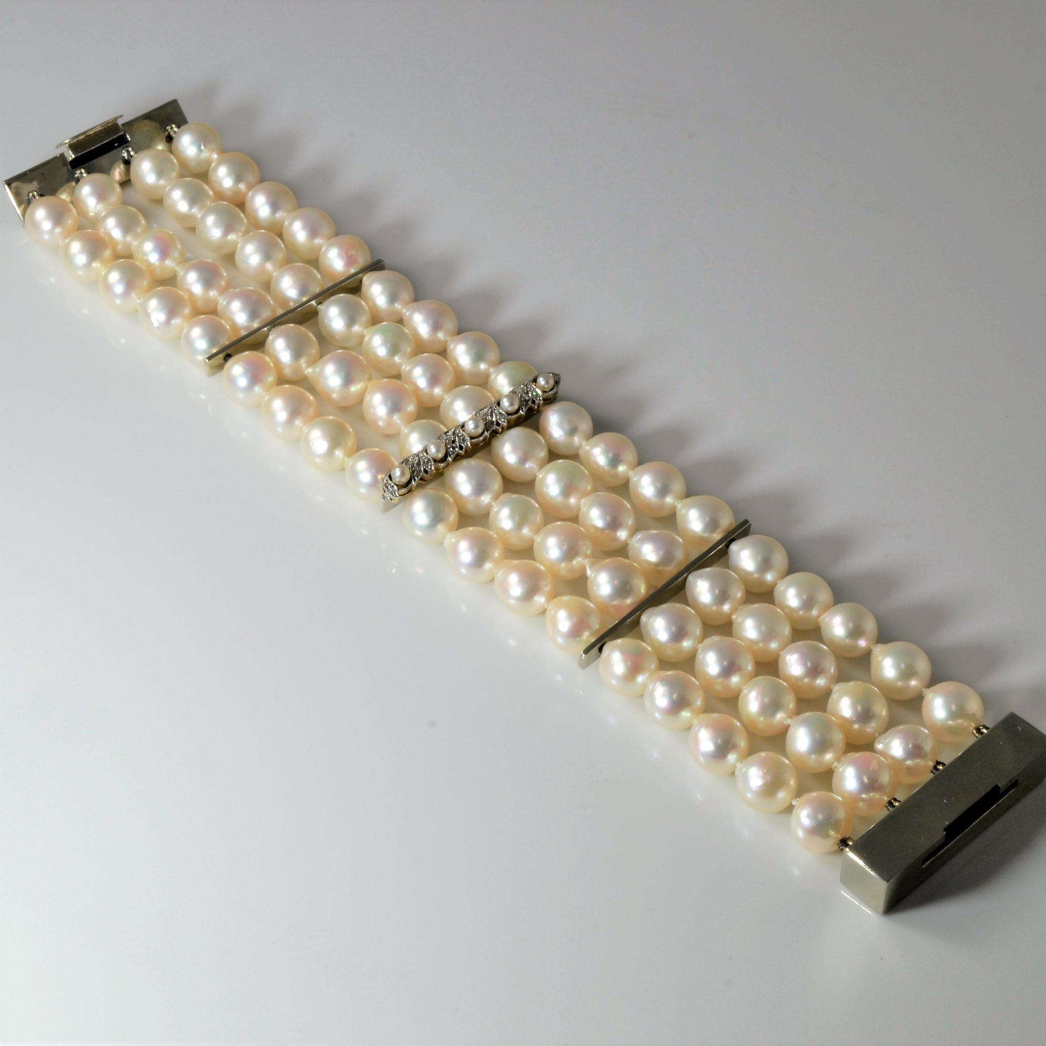 Vintage 19K gold multi-row Pearl & Diamond cocktail bracelet | 0.10ctw