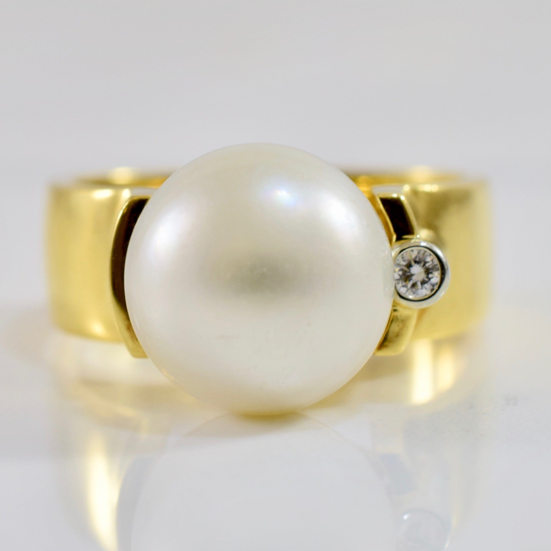 Half Bezel Set Pearl and Diamond Ring | 0.03 ctw SZ 7.75
