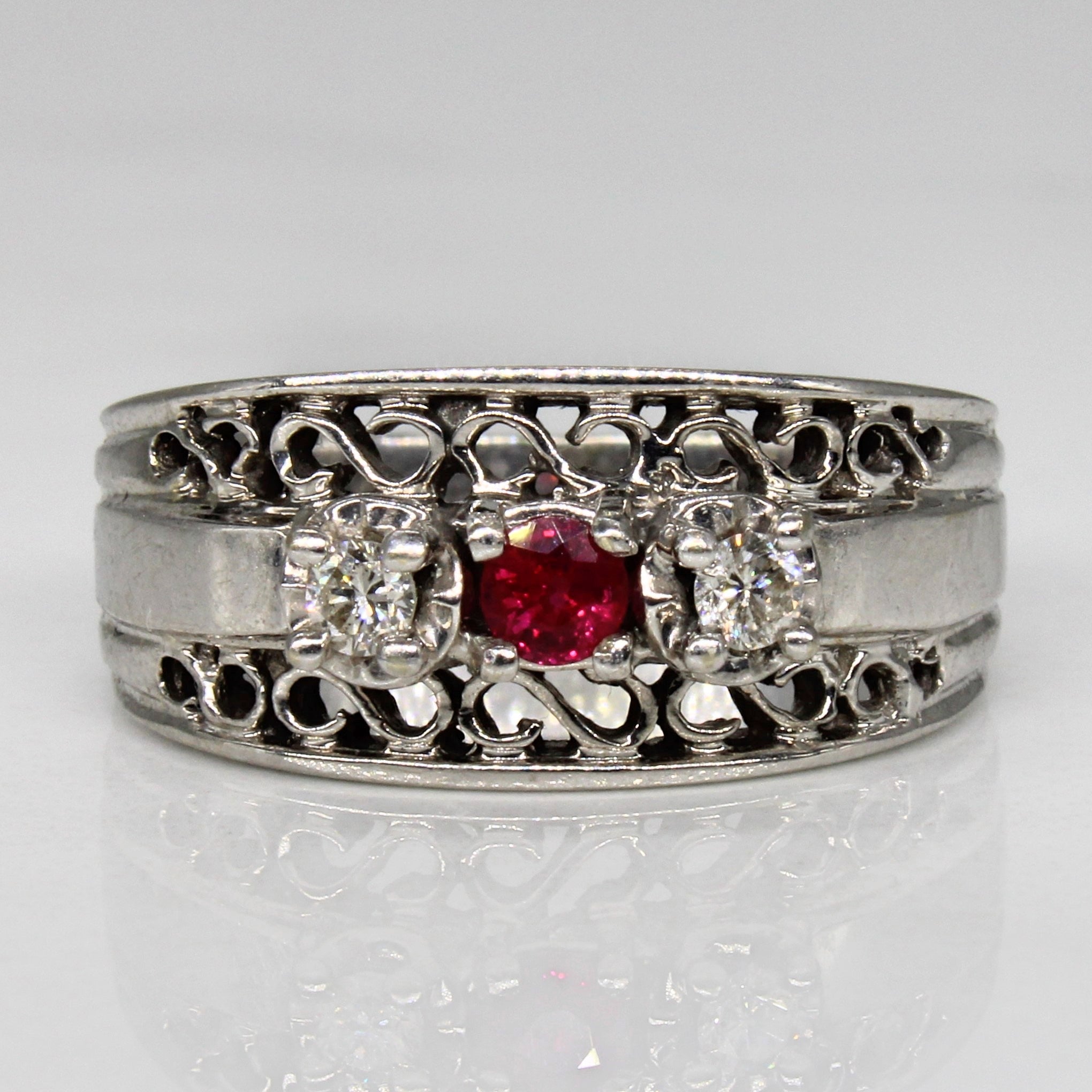 Synthetic Ruby & Diamond Lattice Ring | 0.10ct, 0.08ctw | SZ 6.5