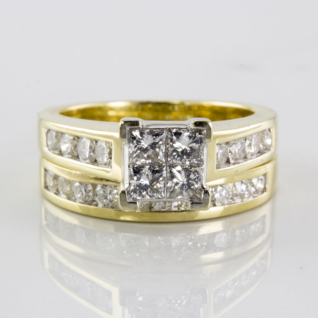 Yellow Gold Princess Cluster Wedding Set | 1.30 ctw | SZ 7 | – 100 Ways